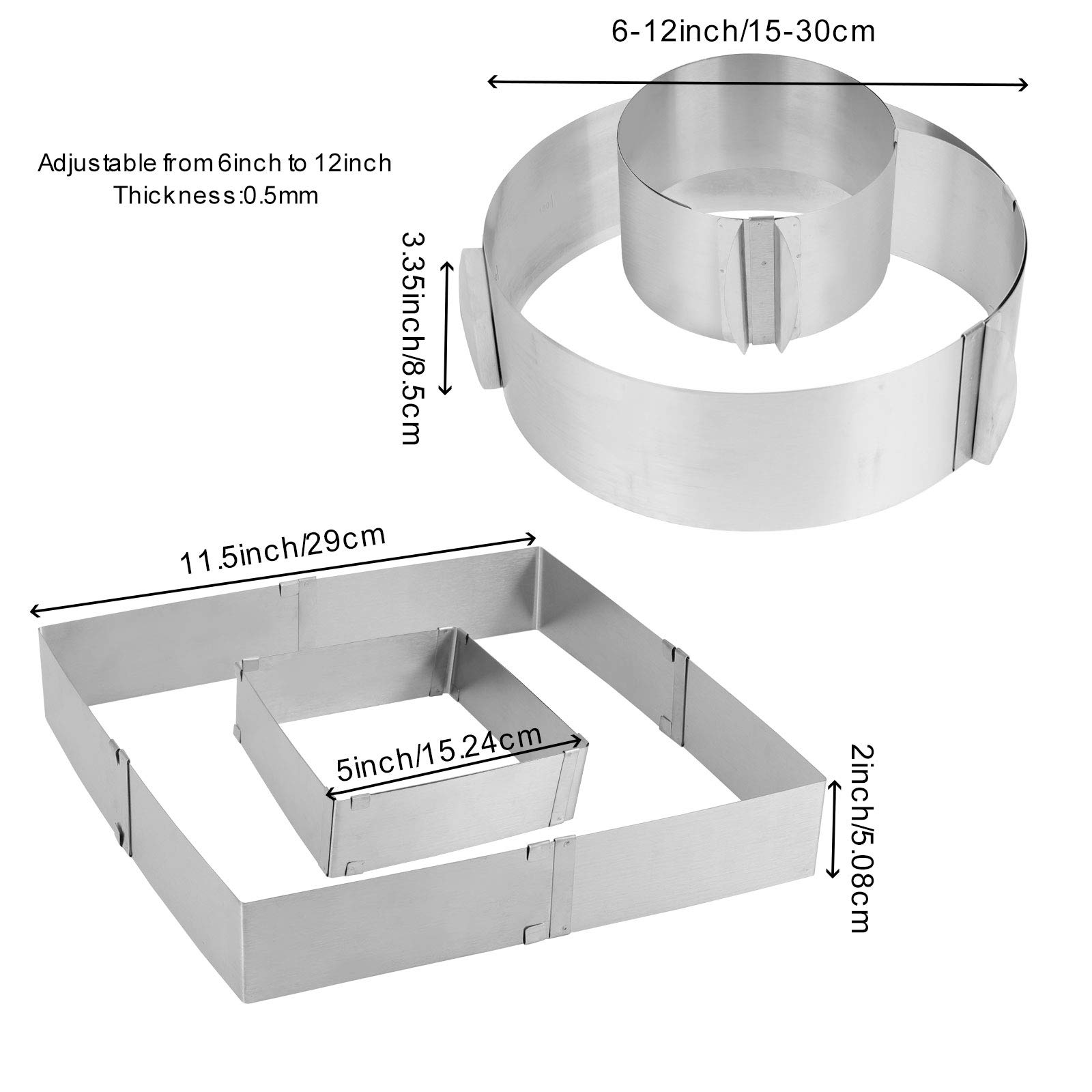 ZOENHOU 2 Pack 6-12 Inch Cake Mold Ring, Stainless Steel Mold Cake Baking Adjustable Mousse Cake Ring Mould Tools, with scaling for Kitchen DIY Pastry, Square and Round