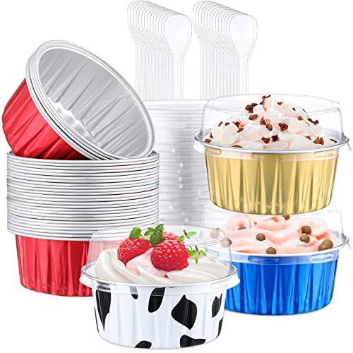 120 Pcs Cupcake Liners with Lids 4.2 oz Aluminum Foil Cupcake with Lids and Spoons Baking Cups Disposable Ramekins Muffin Cups Mini Cake Pans for Baking (Red, Blue, Yellow, Black White)