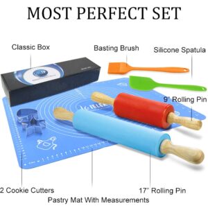 Non-Stick Rolling Pin Silicone Basting Pastry Mat Spatula Brushes Set:Combo Kit of Large and Small Dough Rollers and 2 Stainless Steel Cookie Cutters for Baking