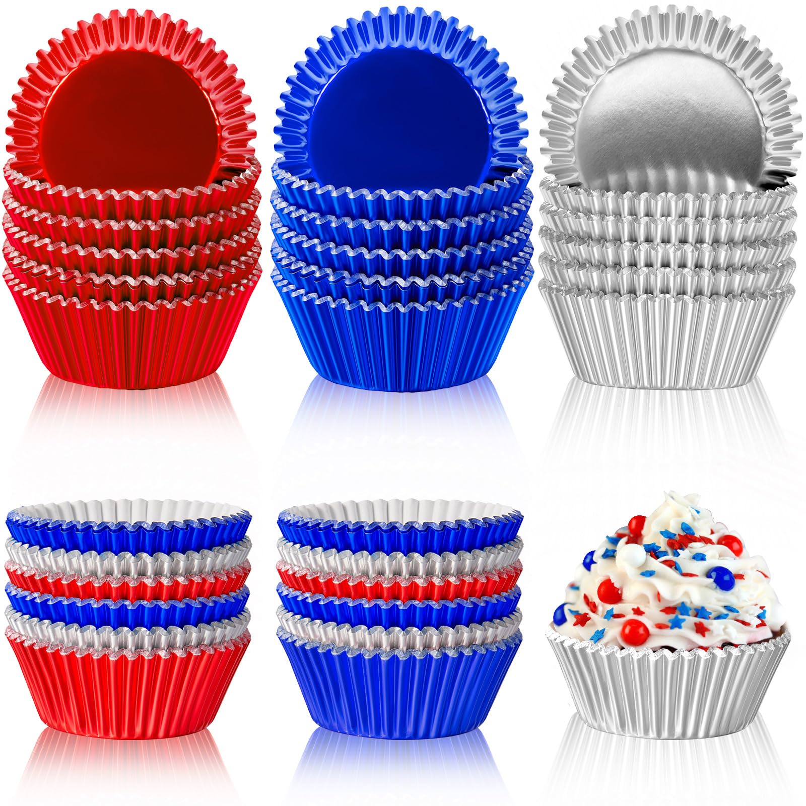 Mumufy 300 Count Foil Cupcake Liners 2 Inch Cupcake Wrappers Paper Bake Cup Set Foil Muffin Liners for Independence Day Christmas Halloween Party Supplies (Sliver, Red, Blue)