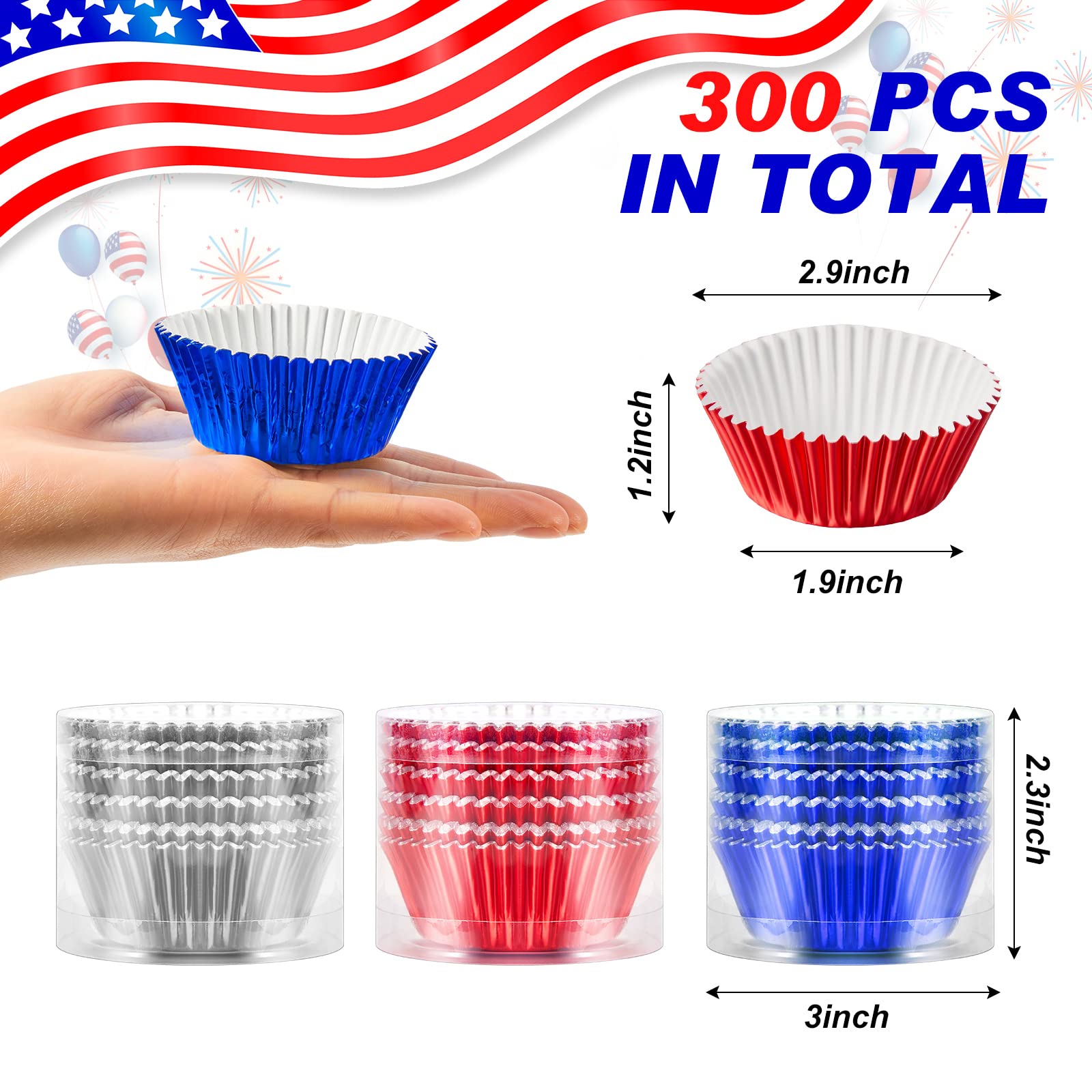 Mumufy 300 Count Foil Cupcake Liners 2 Inch Cupcake Wrappers Paper Bake Cup Set Foil Muffin Liners for Independence Day Christmas Halloween Party Supplies (Sliver, Red, Blue)