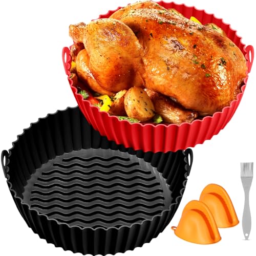 Air Fryer Silicone Liners, MIAOKE 8.5 Inch Silicone Air Fryer Liners with Silicone Oil Brush and Anti-Scald Gloves Set Heat Resistant Easy Cleaning Reusable Air Fryer Accessories 5 Pack- (Red/Black)