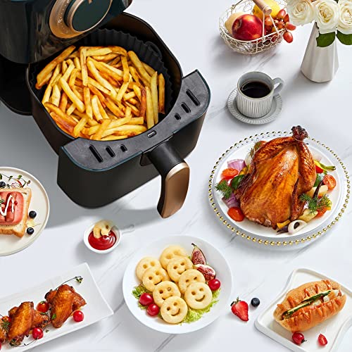 Air Fryer Silicone Liners, MIAOKE 8.5 Inch Silicone Air Fryer Liners with Silicone Oil Brush and Anti-Scald Gloves Set Heat Resistant Easy Cleaning Reusable Air Fryer Accessories 5 Pack- (Red/Black)