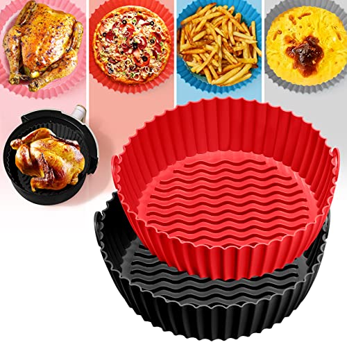 Air Fryer Silicone Liners, MIAOKE 8.5 Inch Silicone Air Fryer Liners with Silicone Oil Brush and Anti-Scald Gloves Set Heat Resistant Easy Cleaning Reusable Air Fryer Accessories 5 Pack- (Red/Black)