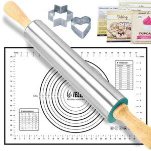 Rolling Pin Nonstick and Silicone Baking Pastry Mat Combo Kit Dough Rollers for Baking Pasta,Cookie Dough,Pastry,Bakery,Pizza