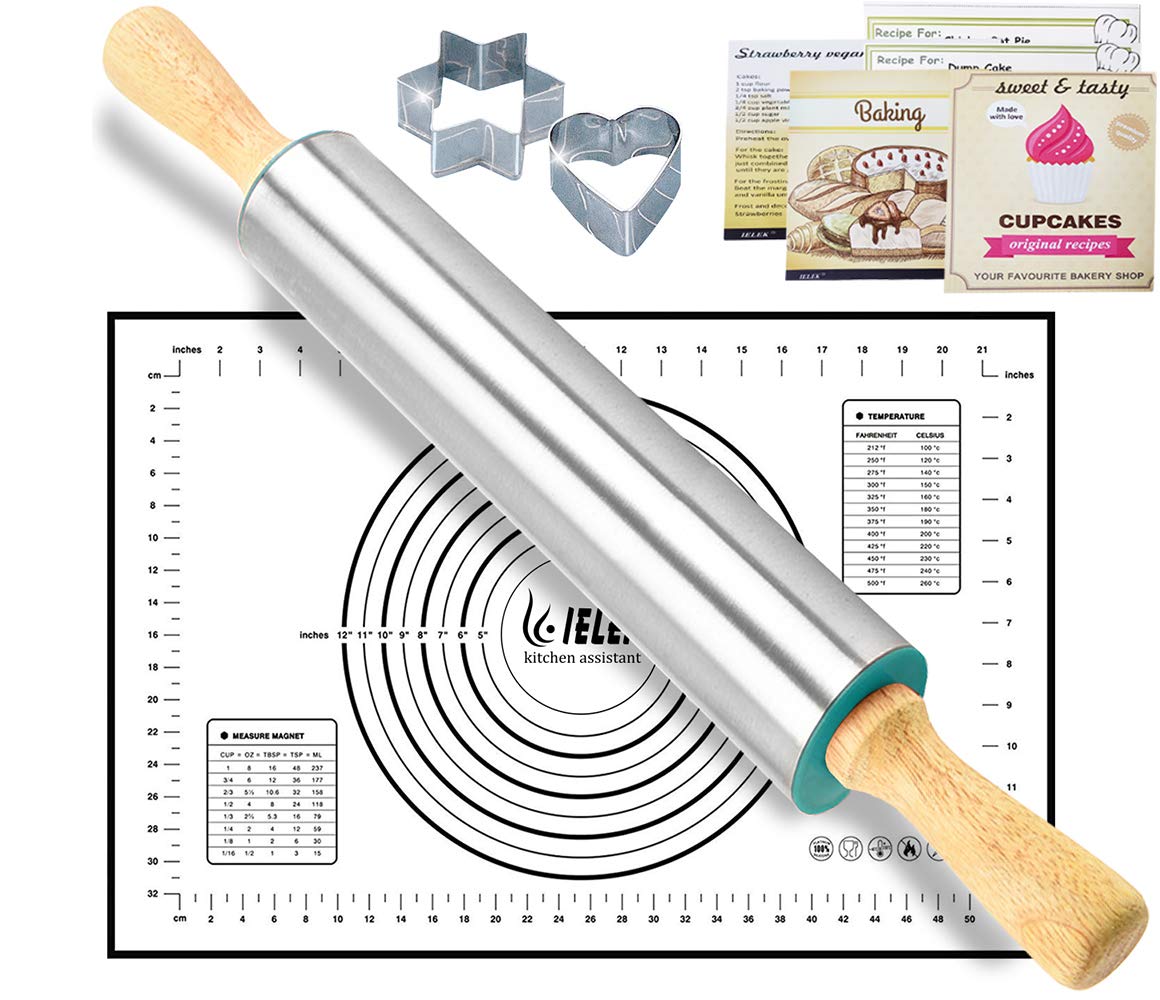 Rolling Pin Nonstick and Silicone Baking Pastry Mat Combo Kit Dough Rollers for Baking Pasta,Cookie Dough,Pastry,Bakery,Pizza