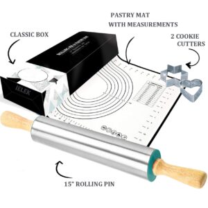 Rolling Pin Nonstick and Silicone Baking Pastry Mat Combo Kit Dough Rollers for Baking Pasta,Cookie Dough,Pastry,Bakery,Pizza