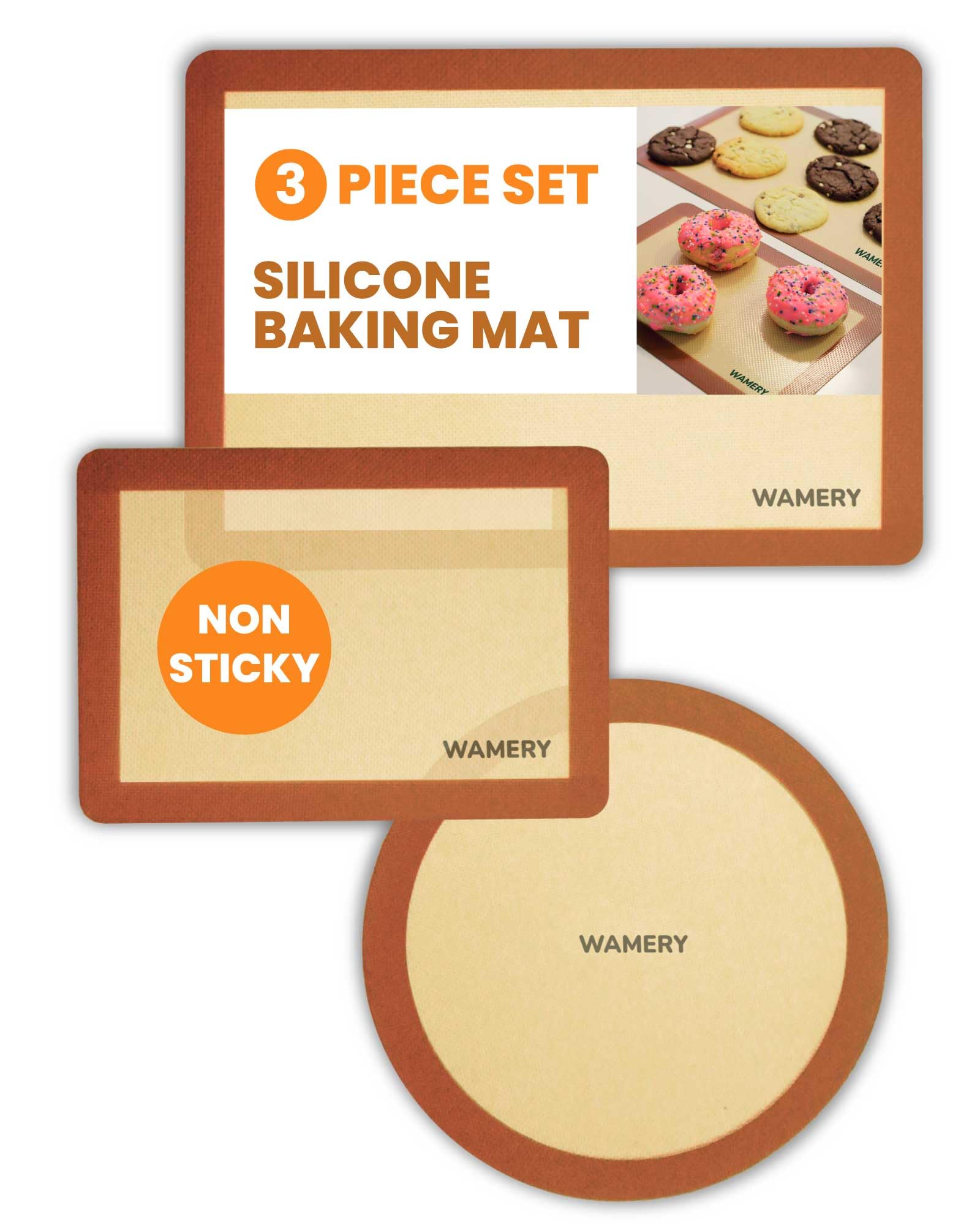 Silicone Baking Mats Set of 3, 1 Half Sheet, 1 Quarter Sheet & 1 Round Nonstick Silicone Mats for Baking - Food Grade Silicone Baking Sheets for Cookies Macarons Bread Pastry Pizza