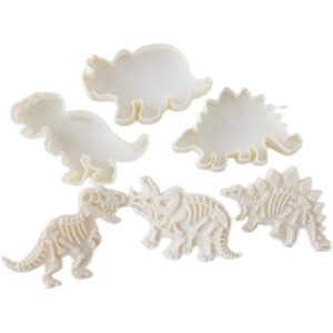 elesinsoz 3 set dinosaur cookie cutters dino biscuit sandwich fondant vegetable fruit food playdoh stamp embosser press mold with t-rex stegosaurus triceratops skeleton fossil bones