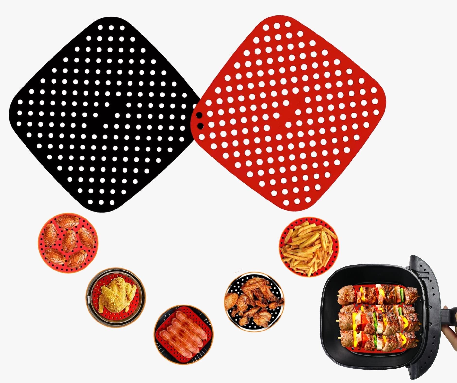 2 PackAirFryer Silicone liners,None stick 8 inch Air Fryer liner square mat, Reusable Air fryer insert, Fits 3-5 QT Air Fryer pot Parchment paper replacement liners, microwave safe, dishwasher safe