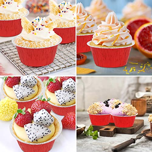 Aluminum Foil Baking Cups, Mateebake 4 Oz Disposable Ramekin Aluminum Cupcake liners, Red Foil Baking Cups Muffin Liners for Cupcake, Baking, Egg Tart, Pudding, Creme Brulee (150 Pcs)