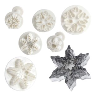 SBYURE Snowflake Cookie Cutter Set,5 Pcs Snowflake Shaped Stainless Steel Mold Cookie Cutter & 6PCS Snowflake Plunger Decorating Fondant Embossing Tool for Christmas and Winter Holiday