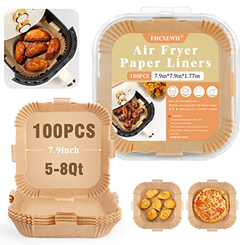 FHCXEWH Air Fryer Disposable Paper Liner 100PCS, ( 5 to 8 QT ), Oil-proof Filter, Non-stick Parchment, Liners for, Baking, Picnic, Microwave, Roasting and Cooking, 7.9*7.9*1.77, Nature