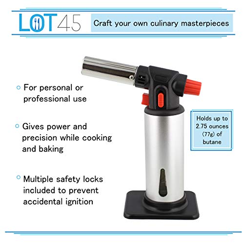 Lot45 Butane Kitchen Blow Torch Lighter, 2.75oz - Culinary Creme Brulee Food Torch for Searing, Baking, Cooking at Home