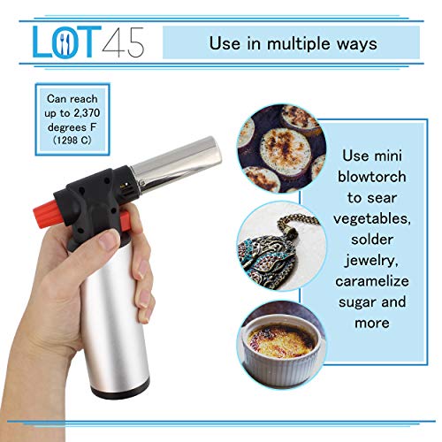 Lot45 Butane Kitchen Blow Torch Lighter, 2.75oz - Culinary Creme Brulee Food Torch for Searing, Baking, Cooking at Home