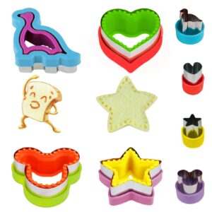 sandwich cutter and sealer for kid set - diy uncrustables decruster sandwich maker 8 pcs – fruit vegetable cookie cutter shape for lunch box and bento box (heart, star, mouse, dinosaur)