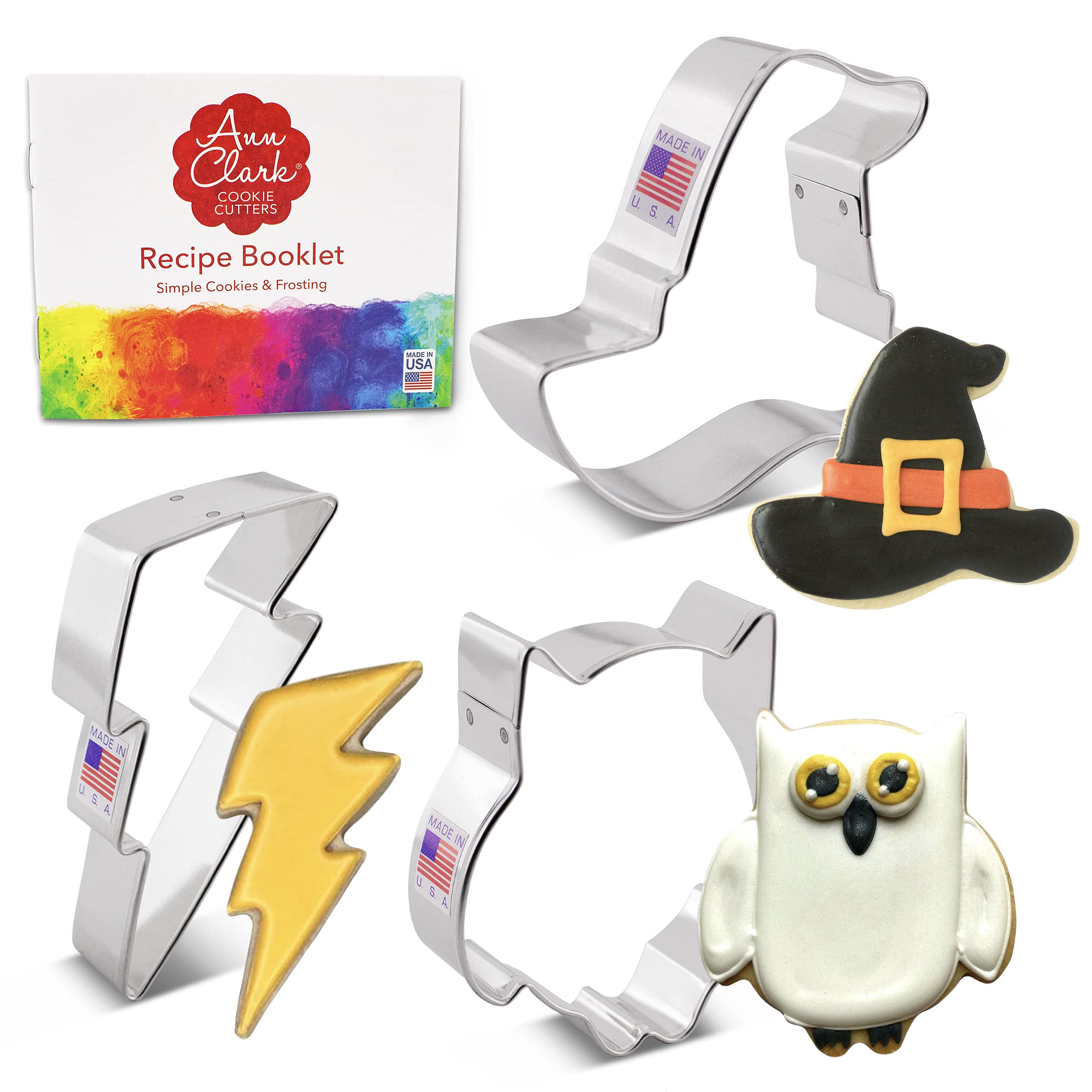 Witchcraft and Wizardry Cookie Cutters 3-Pc. Set Made in the USA by Ann Clark, Witch's Hat, Cute Owl, Lightning Bolt