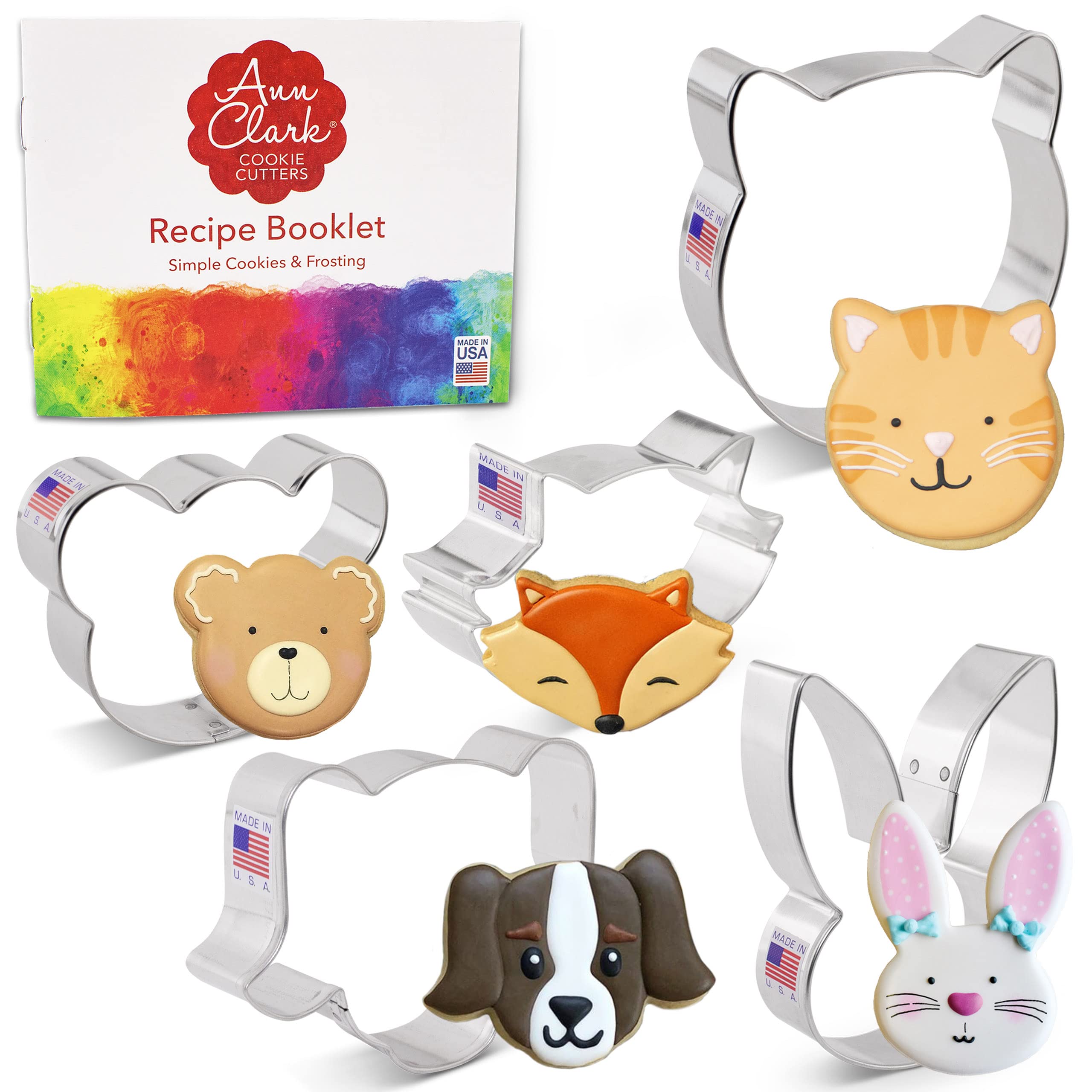 Animal Faces Cookie Cutters 5-Pc. Set Made in the USA by Ann Clark, Cat, Dog, Bear, Raccoon/Fox, Bunny