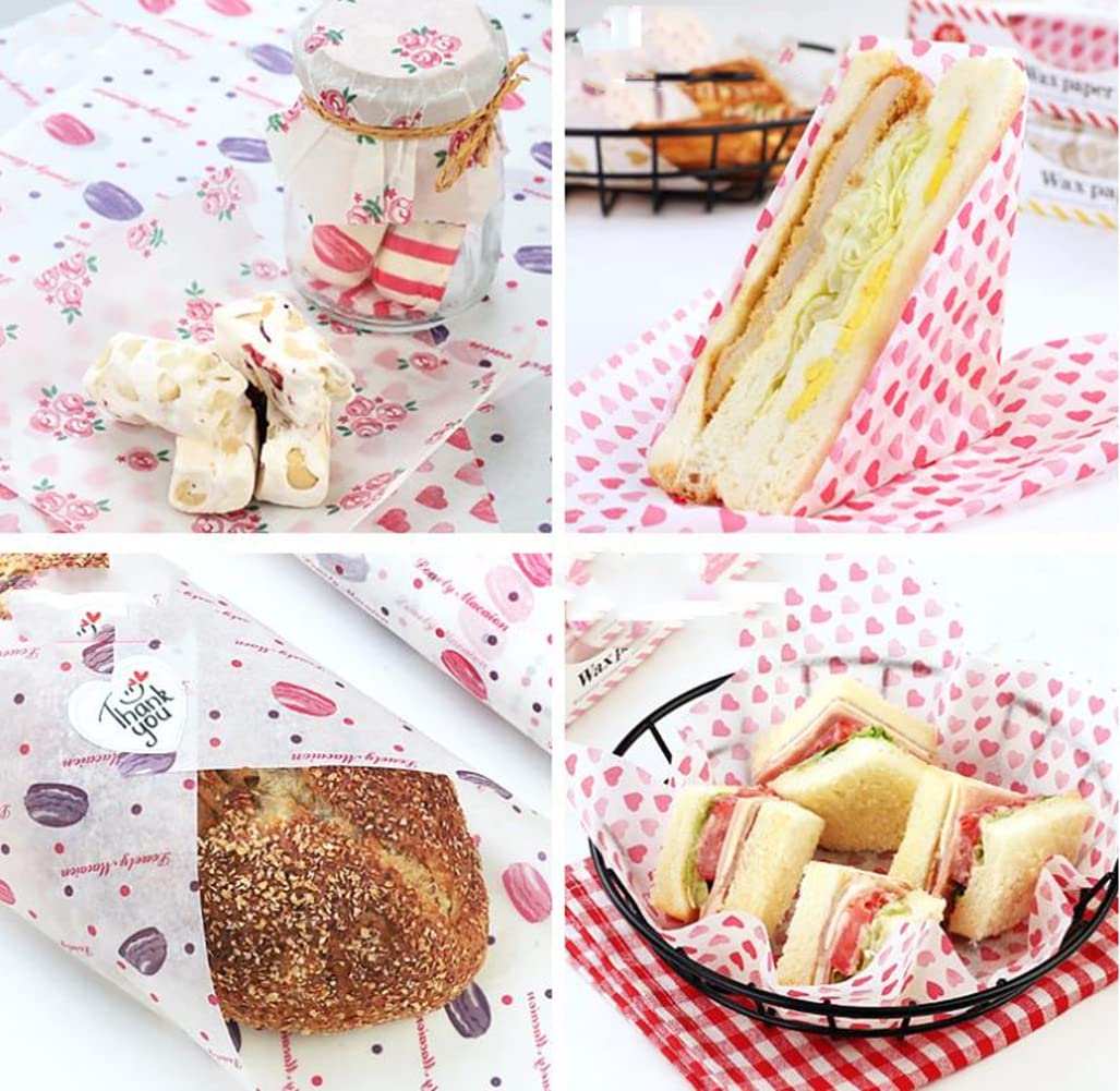 SHUILING 50pcs Wax Paper Cute Food Picnic Paper Baking Sheets Deli Waterproof Hamburger Sandwich Paper Liners Wrapping Tissue for Food Basket Liner (Floral Pattern)