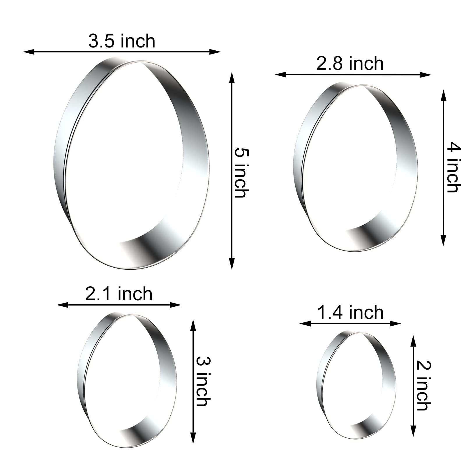 Large Egg Cookie Cutter Set in Different Sizes - 5 Inch, 4 Inch, 3 Inch, 2 Inch - 4 Piece - Stainelss Steel