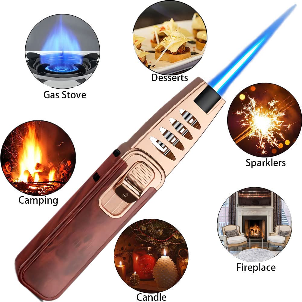 Butane Torch Lighter Refillable Windproof Cooking Lighters with Safety Lock and Adjustable Jet Flame for Candle Fireplace Kitchen Camping Grill Outdoor (Red Mahogany)