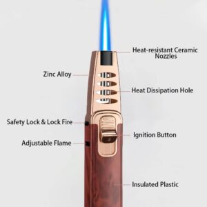 Butane Torch Lighter Refillable Windproof Cooking Lighters with Safety Lock and Adjustable Jet Flame for Candle Fireplace Kitchen Camping Grill Outdoor (Red Mahogany)