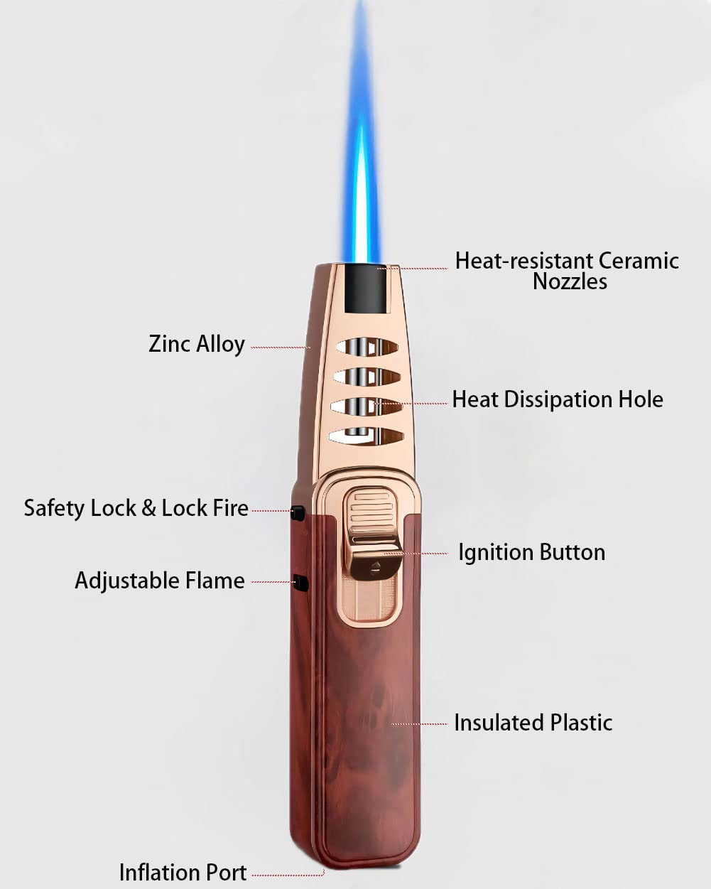 Butane Torch Lighter Refillable Windproof Cooking Lighters with Safety Lock and Adjustable Jet Flame for Candle Fireplace Kitchen Camping Grill Outdoor (Red Mahogany)