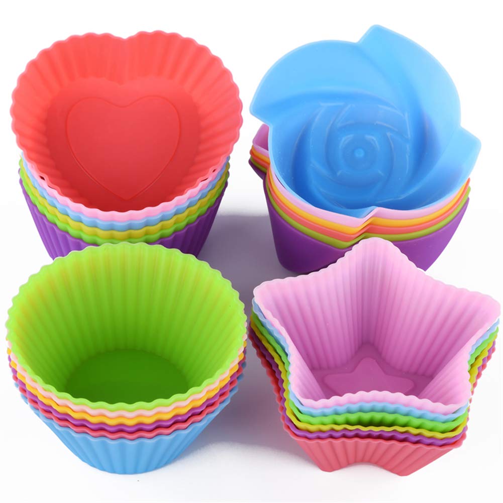 Mirenlife Reusable and Non-stick Silicone Baking Cups/Muffin Cup Molds in Storage Container-24 Pack-6 Vibrant Colors-4 Shapes(Flower,Star,Heart,Round)