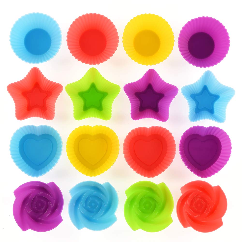 Mirenlife Reusable and Non-stick Silicone Baking Cups/Muffin Cup Molds in Storage Container-24 Pack-6 Vibrant Colors-4 Shapes(Flower,Star,Heart,Round)