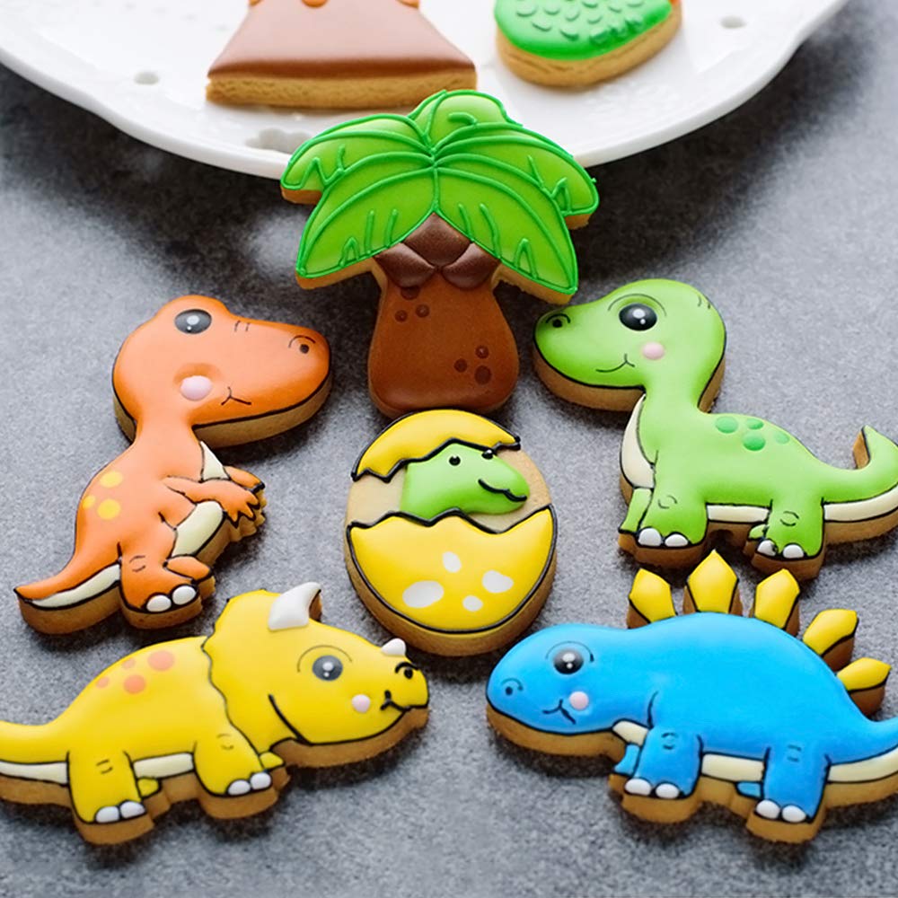 Dinosaur Cookie Cutters with Matching Cookie Stencils -Set of 16-8Pcs Cookie Cutter and 8Pcs Stencils, Include Stegosaurus, T-Rex, Brontosaurus, Triceratops, Dinosaur Egg, Footprint, Volcano and Tree