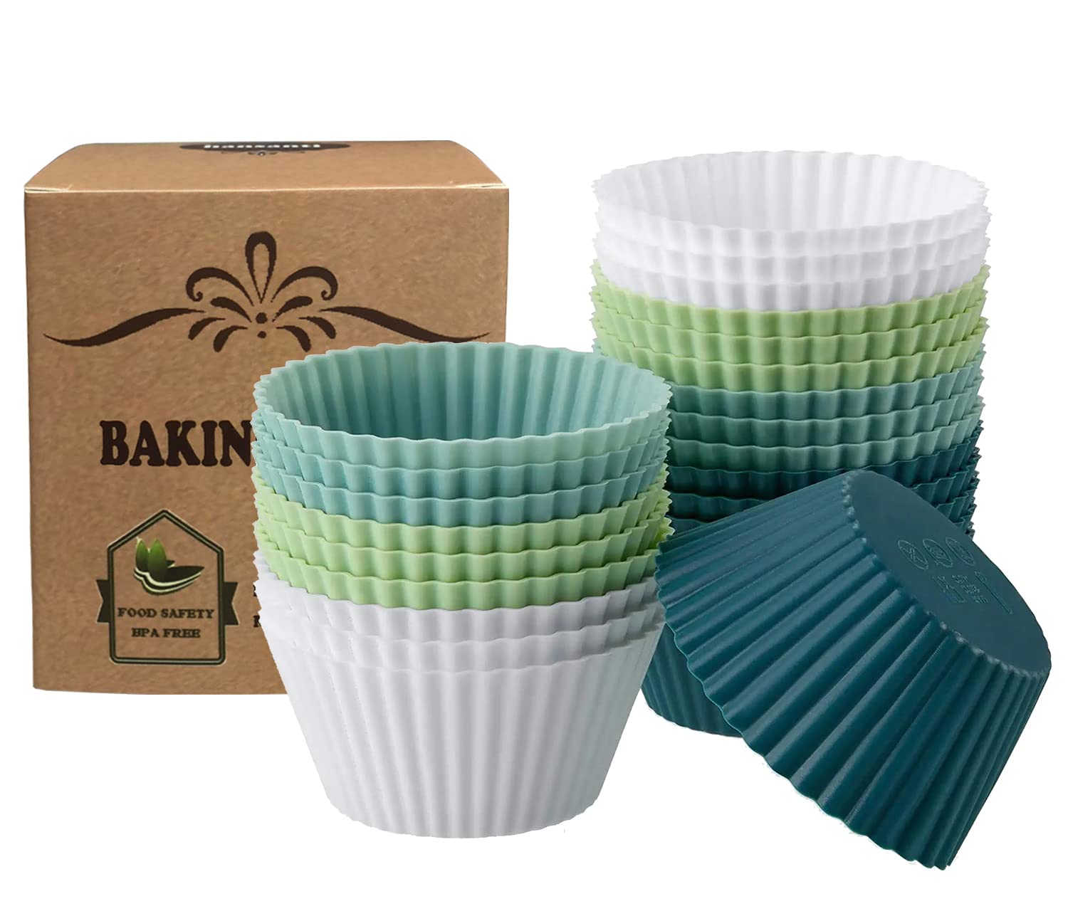 24 Pack Silicone Baking Cups Set, Reusable Nonstick Kitchen Cupcake Liners NonToxic BPA Free for Pudding Tart Bread Mousse Jelly for Holiday Party Thanksgiving Christmas (2.56" x 1.57" x 1.18")