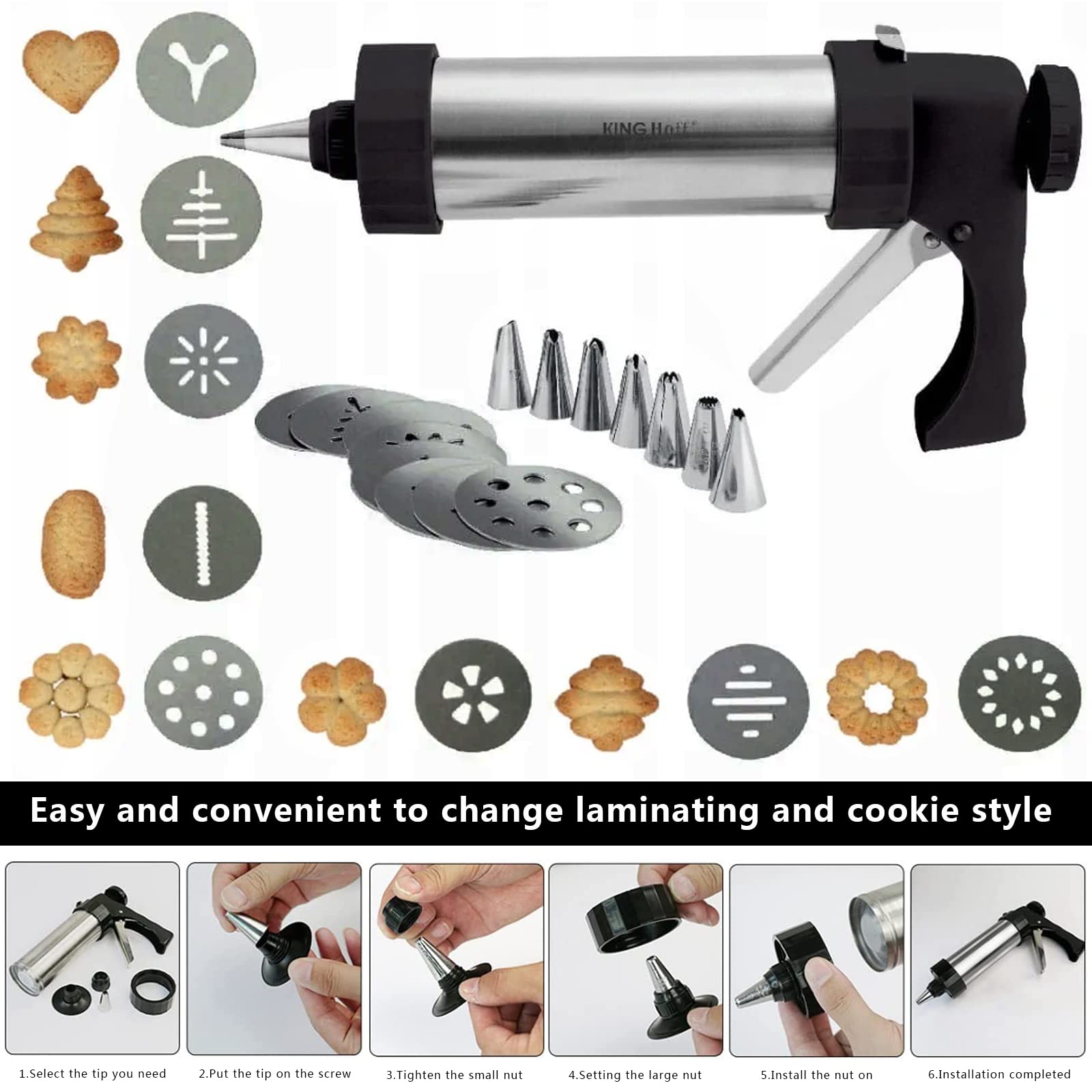 FMLBRDS Cookie Press Gun Kit Biscuit Maker Stainless Steel Cookie Press with 13 Discs and 8 Nozzles