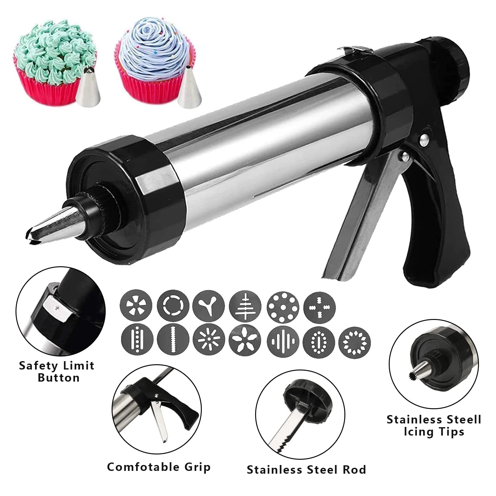 FMLBRDS Cookie Press Gun Kit Biscuit Maker Stainless Steel Cookie Press with 13 Discs and 8 Nozzles