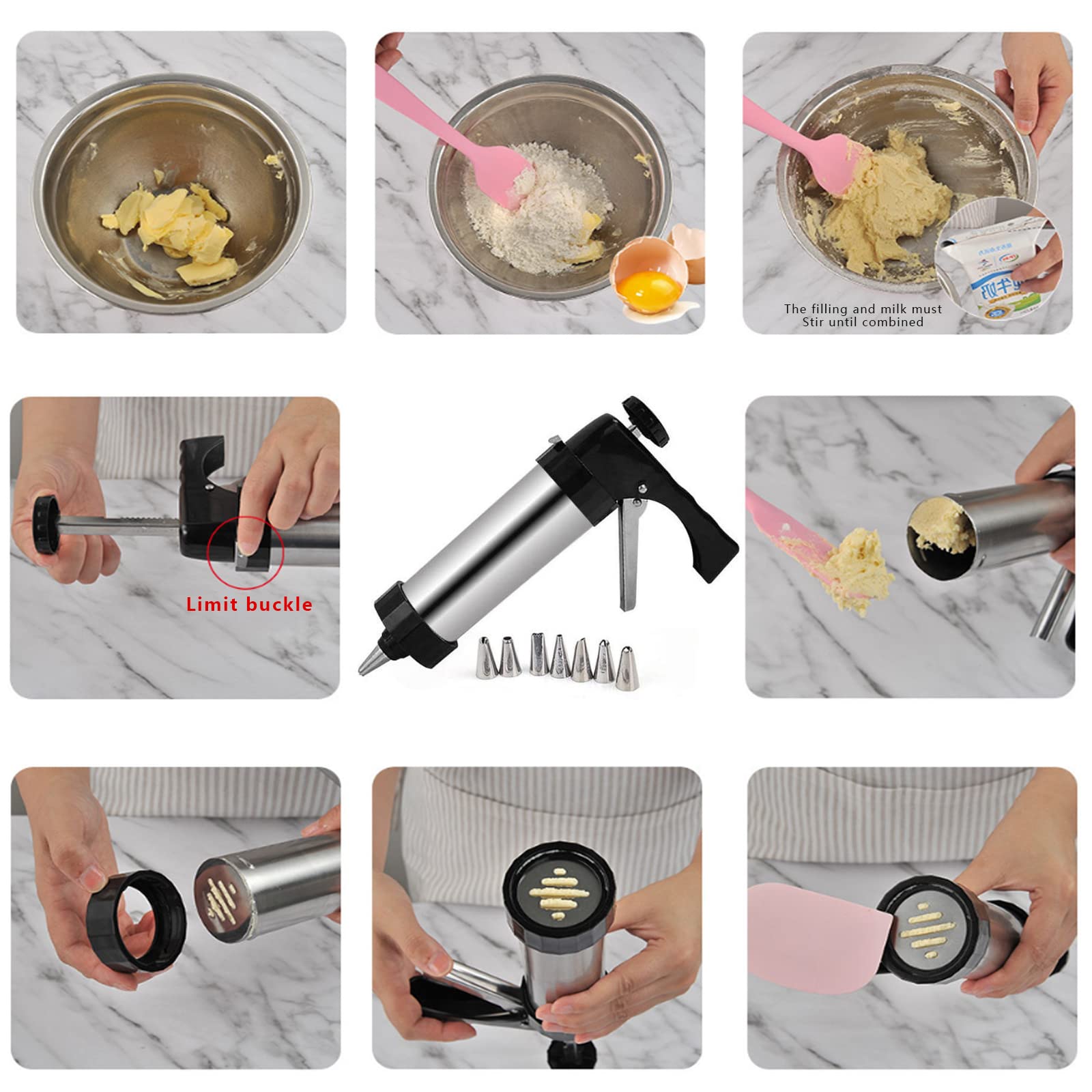 FMLBRDS Cookie Press Gun Kit Biscuit Maker Stainless Steel Cookie Press with 13 Discs and 8 Nozzles