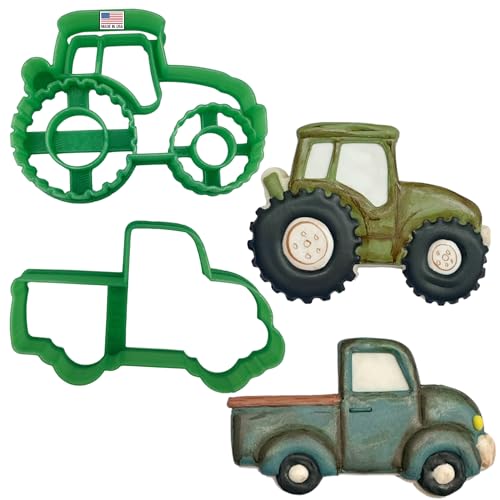 TRACTOR COOKIE CUTTER WITH FARM TRUCK Classic Old Vintage Ranch Truck And Tractor Country Farm Equipment Cookie Cutters Made In The USA (2 Pack)