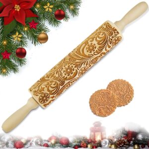 wooden engraved rolling pin with christmas snowflake designs - for baking cookies and decor