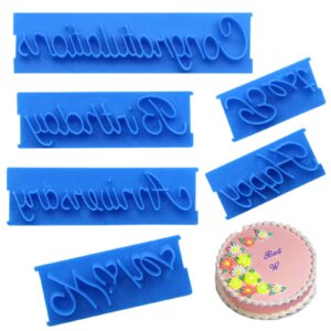 6Pcs Cake Mold Words Stamp, Happy Birthday Best Wishes Congratuation Anniversary Handwritten Letter Cutter Set for DIY Cake Cookies Pastry for Cake Decoration (Blue)