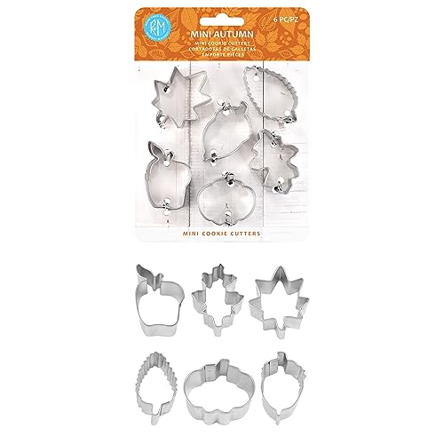 R&M International Mini Autumn Leaf Cookie Cutters, Acorn, Pumpkin, Oak, Maple, Aspen, Apple, 6-Piece Set in Gift Tin