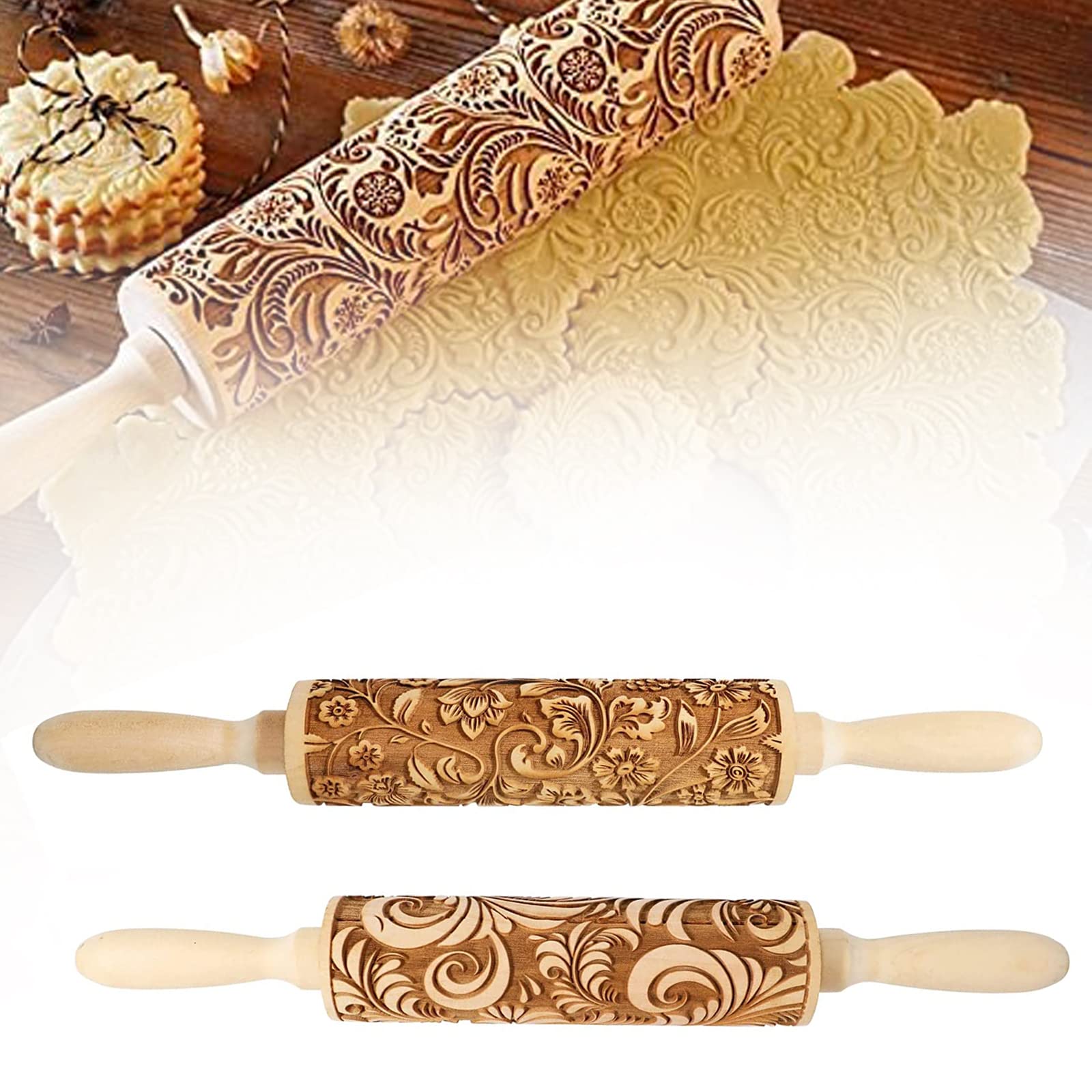 Embossed Rolling Pins for Baking with Design,3D Engraved Rolling Pin with Flowers for Engraved Cookies Roller