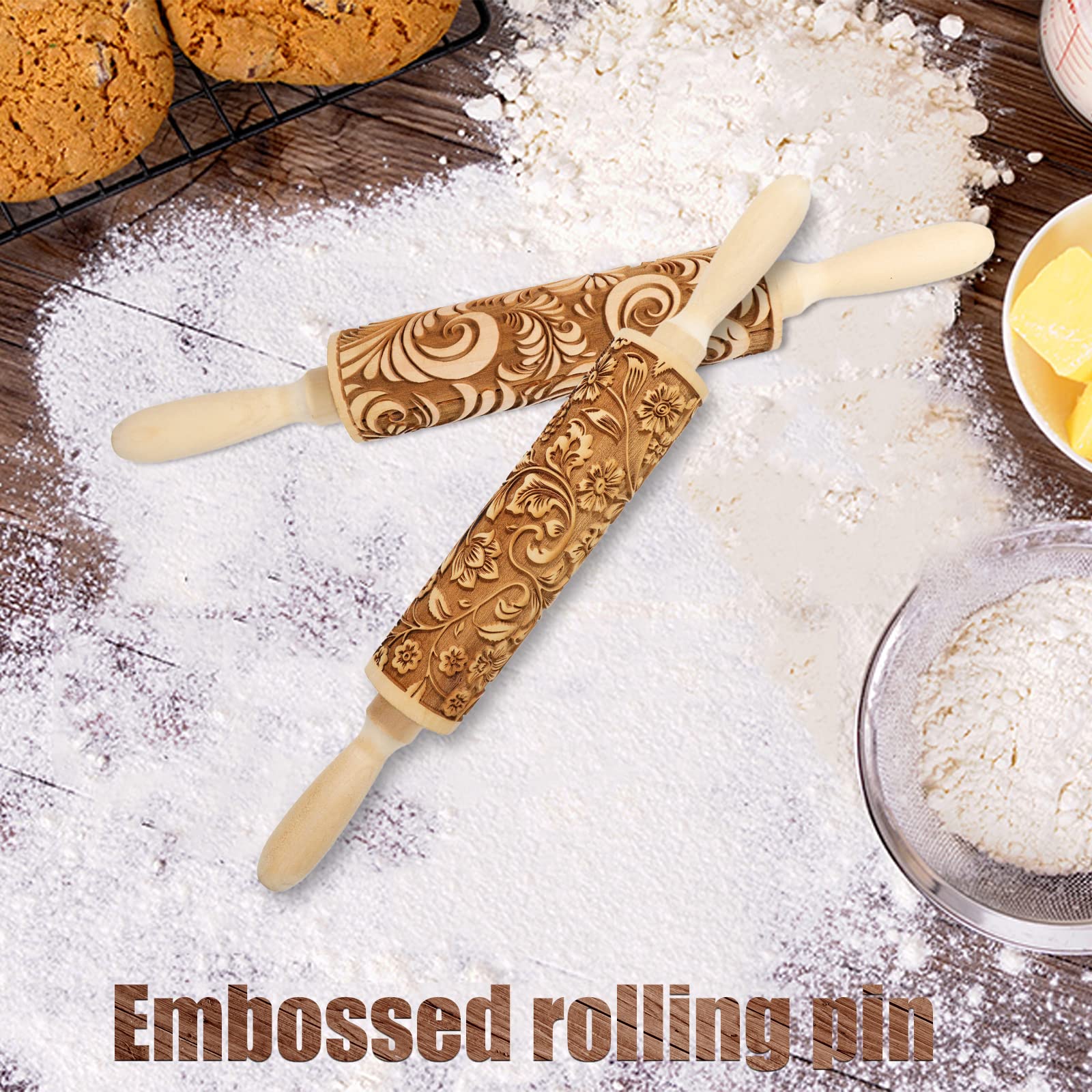 Embossed Rolling Pins for Baking with Design,3D Engraved Rolling Pin with Flowers for Engraved Cookies Roller