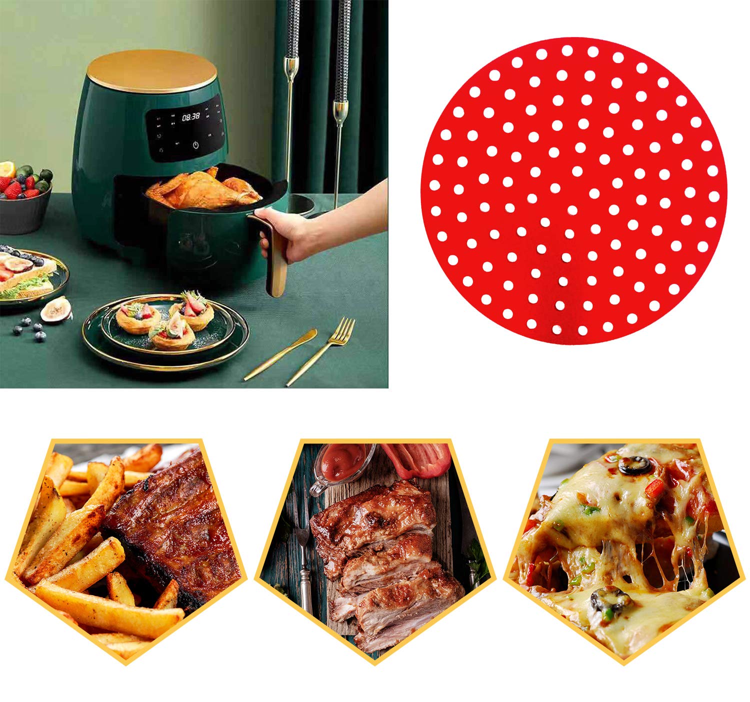 PINEPOEM Air Fryer Liners Reusable Silicone, Bamboo Steamer Liner, Perforated Liner for Air Fryer