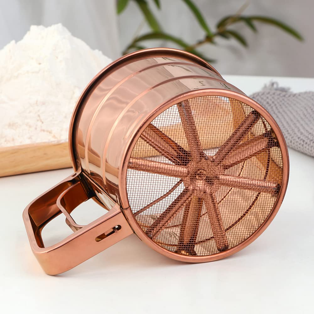 QIBOORUN Stainless Steel Sieve Cup Powder Flour Baking Tool Icing Sugar Mesh Sieve Colander Crank Sifter With Measuring Scale Baking Flour Sifter, 1-Cup Capacity -Rose Gold