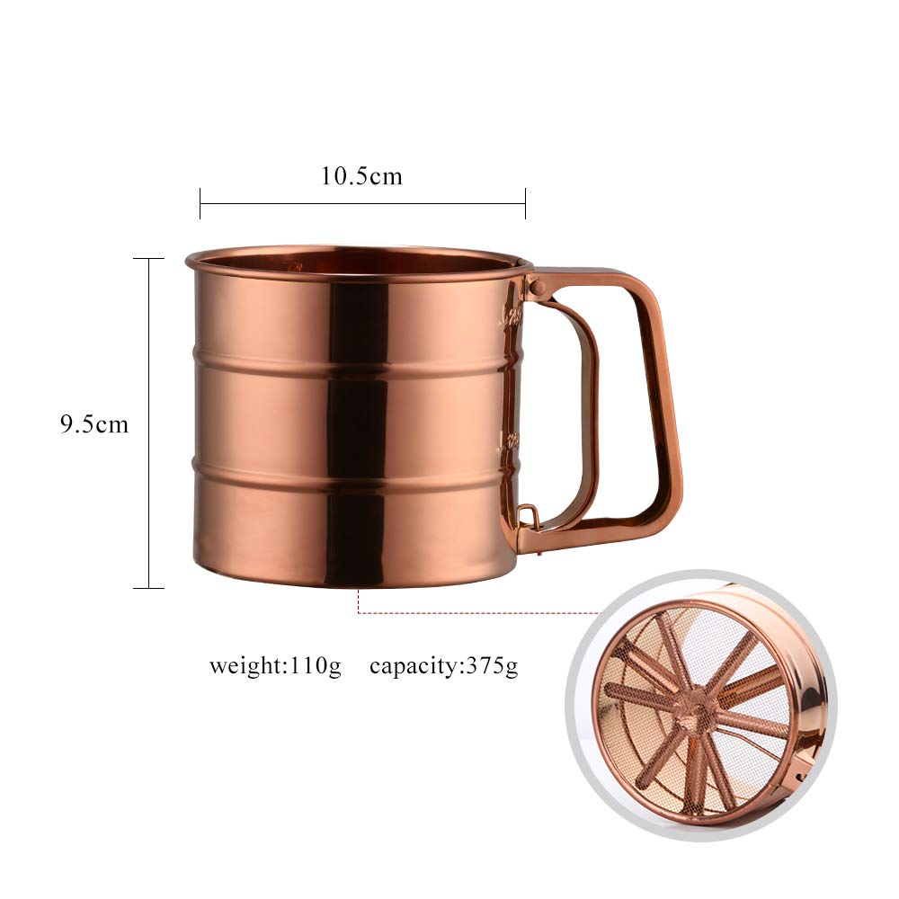 QIBOORUN Stainless Steel Sieve Cup Powder Flour Baking Tool Icing Sugar Mesh Sieve Colander Crank Sifter With Measuring Scale Baking Flour Sifter, 1-Cup Capacity -Rose Gold