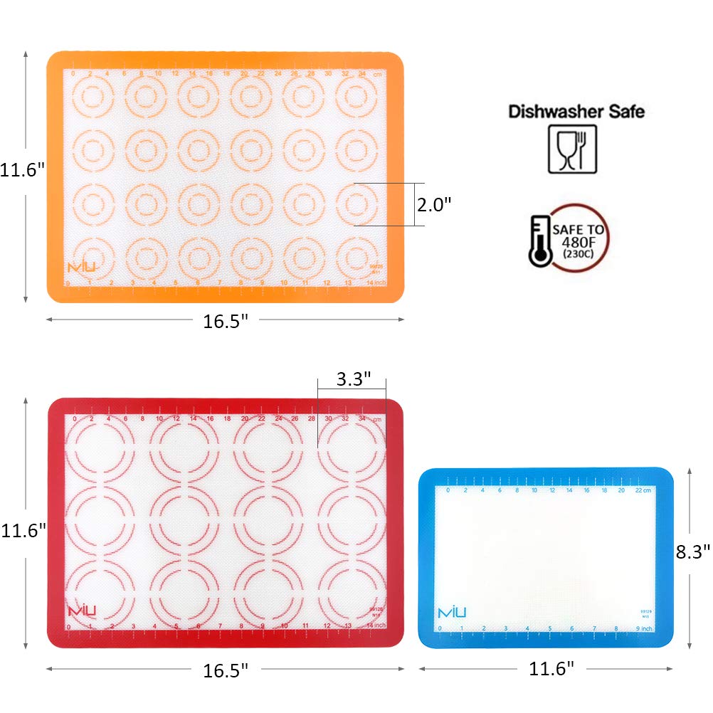 MIU Macaroon Silicone Baking Mat, Non-Stick Cookie Baking Mat, 2 Half Sheets and 1 Quarter Sheet, Perfect Baking Pad Cookie Kit for Macarons, Cake, Bread and Pastry