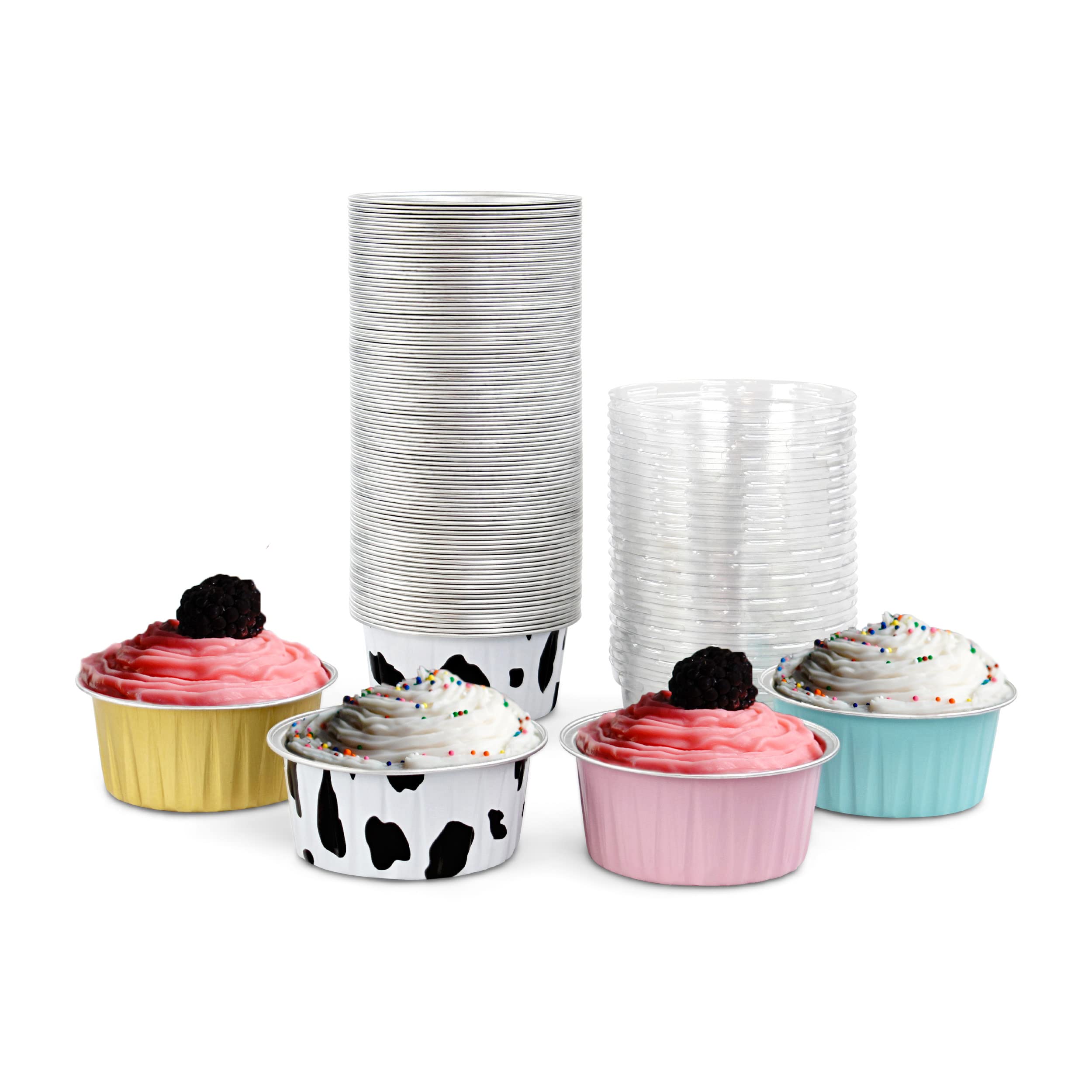 Spec101 Aluminum Foil Mini Cake Pans with Lids - 100pk 4 Color Disposable Ramekins 5oz Muffin Tins Cupcake Liners