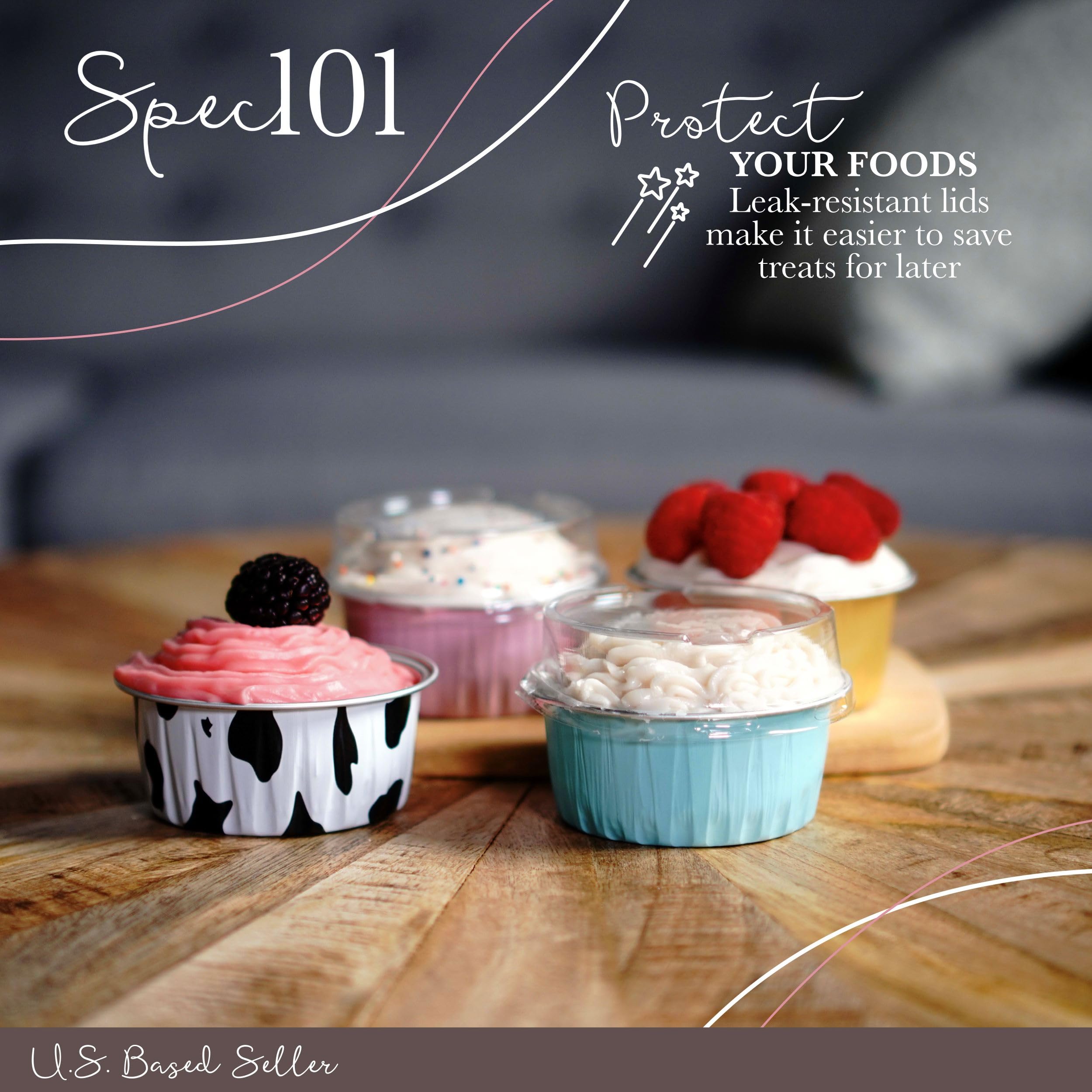 Spec101 Aluminum Foil Mini Cake Pans with Lids - 100pk 4 Color Disposable Ramekins 5oz Muffin Tins Cupcake Liners