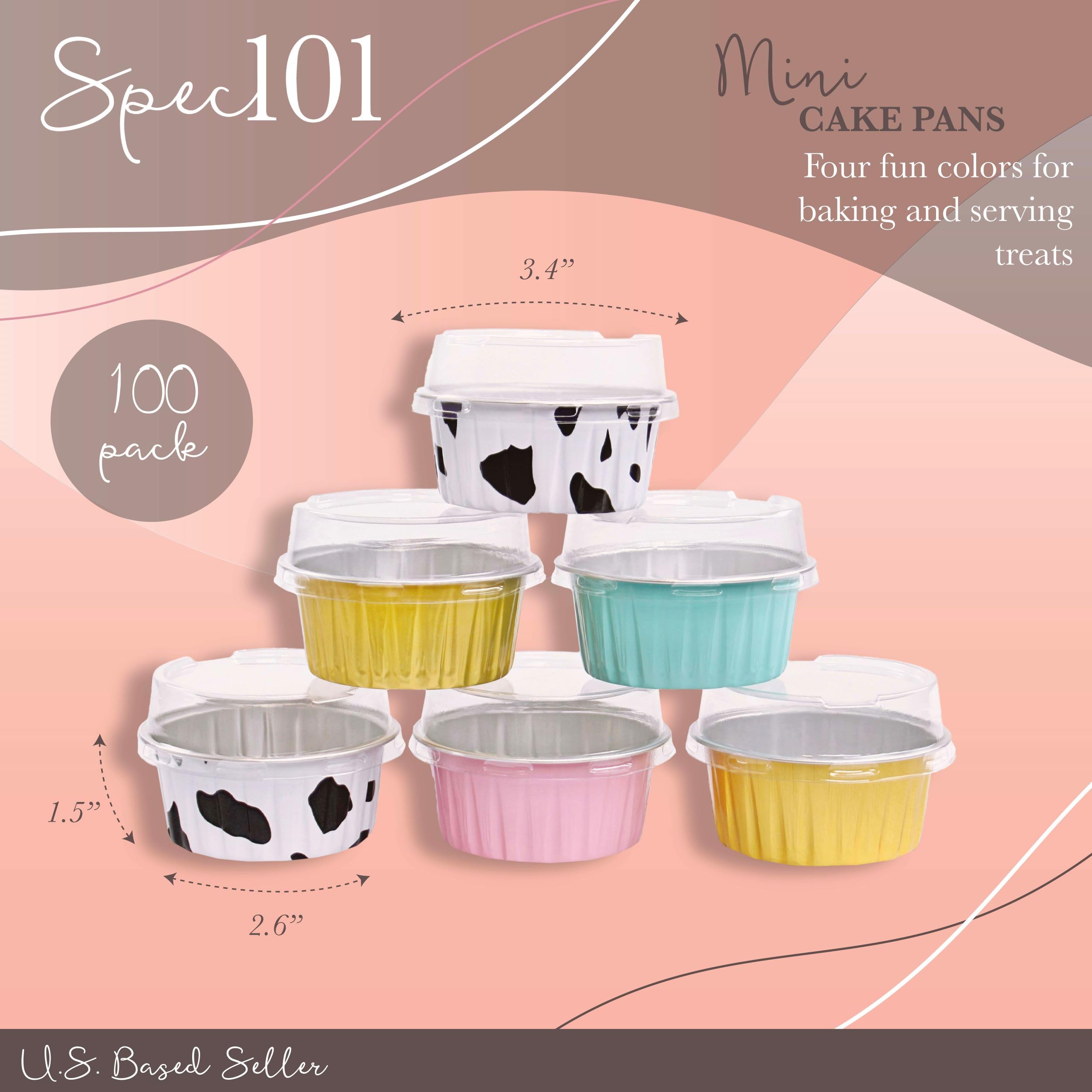 Spec101 Aluminum Foil Mini Cake Pans with Lids - 100pk 4 Color Disposable Ramekins 5oz Muffin Tins Cupcake Liners