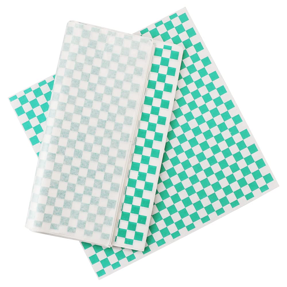 Hslife 100 Sheets Checkered Dry Waxed Deli Paper Sheets, Paper Liners for Plastic Food Basket, Wrapping Bread and Sandwiches (Green)