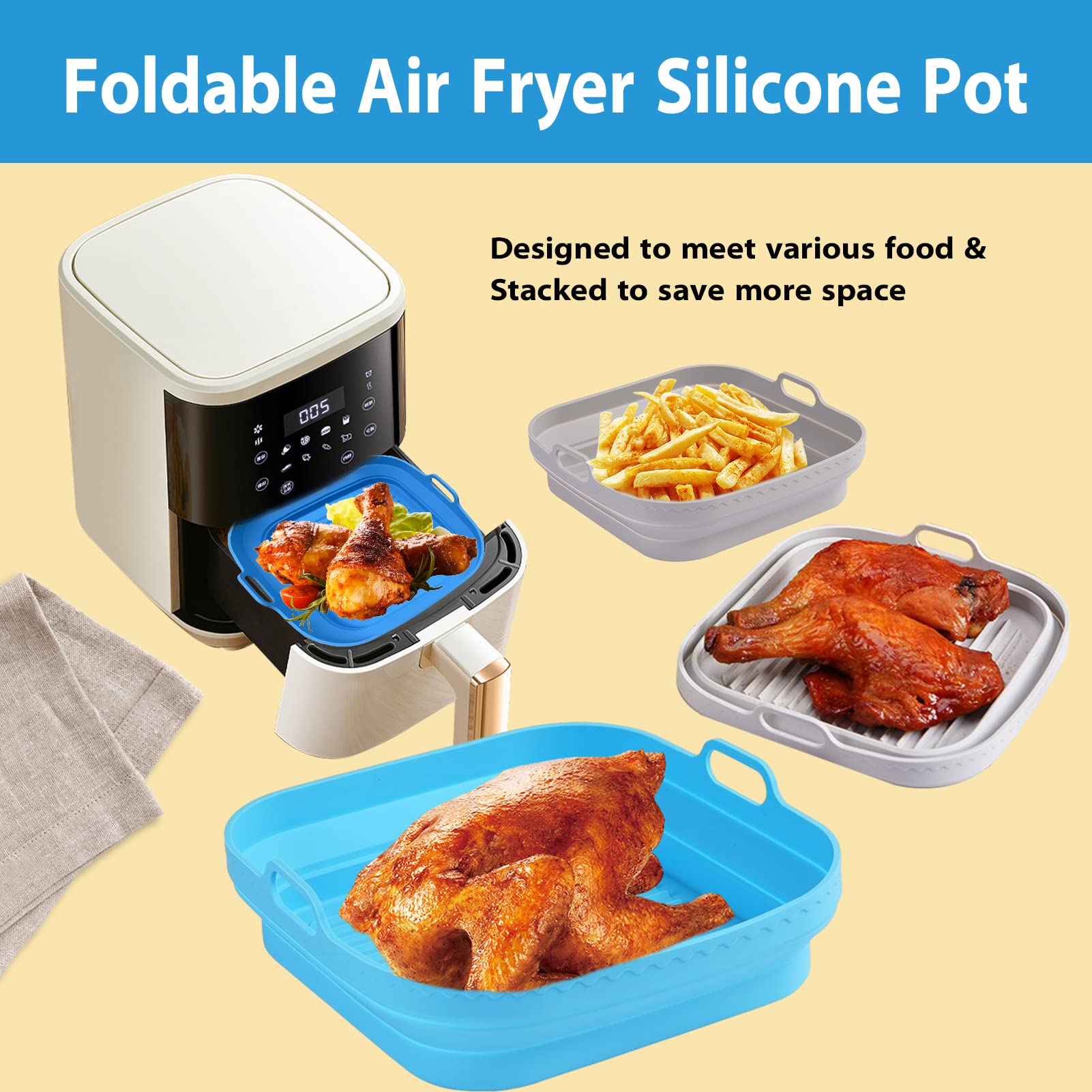 2-Pack Silicone Air Fryer Liners, Thicken Fold Air Fryer Silicone Pot, 8.5inch Reusable BPA Free Air Fryer Silicone Basket for 6-8 QT Air Fryer Baking Tray Oven Accessories