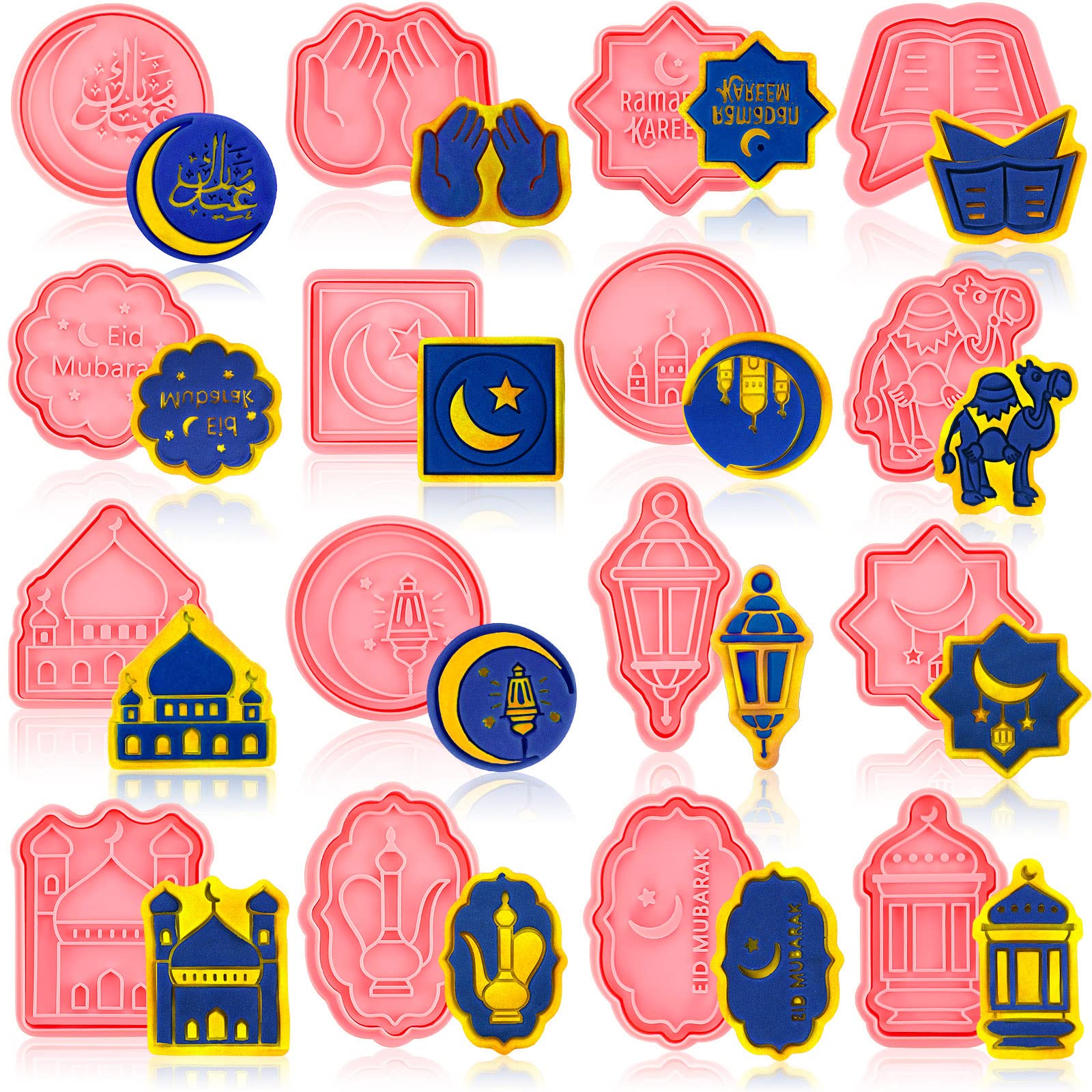 16 Pieces Eid Mubarak Cookie Cutters with Plunger Stamps Set Ramadan Islamic Muslim Biscuit Mold Star Lantern Moon 3D Cookie Stamper Mini Ramadan Plastic DIY Cookie Tools for Baking Fondant Supplies